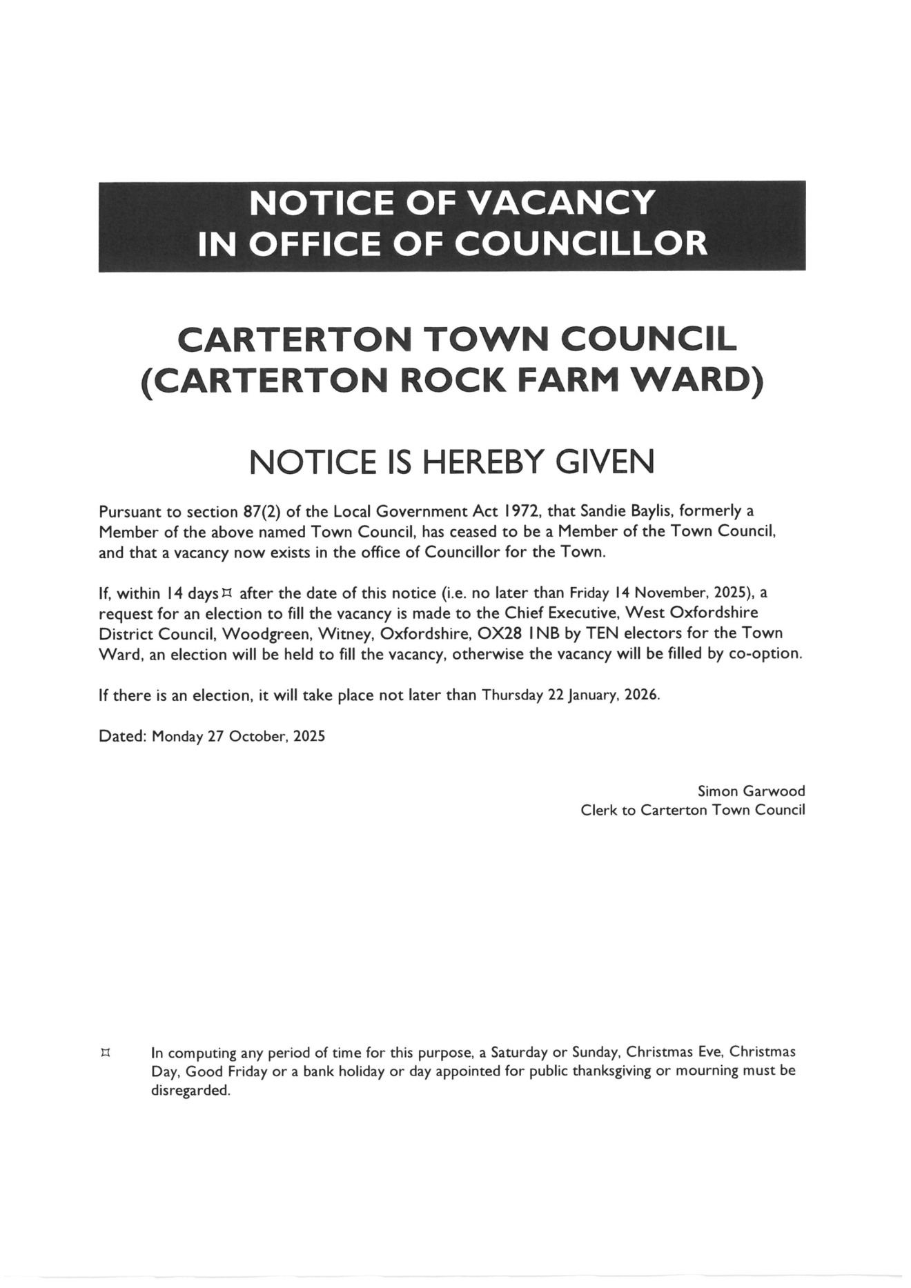 Notice of Vacancy – Rock Farm Ward – Carterton Town Council
